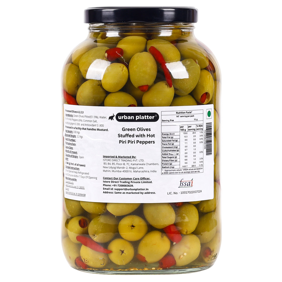 Urban Platter Green Gordal Olives Stuffed with Hot Piri Piri Peppers,