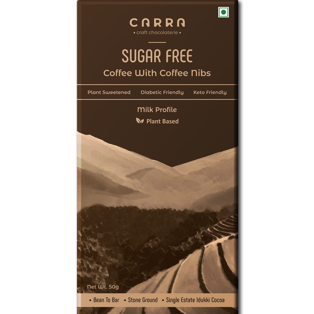 Carra Sugar Free Coffee with coffee nibs Milk Chocolate Bar, 50g ...