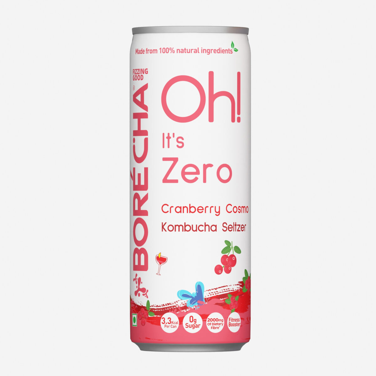 Borécha Oh! Cranberry Cosmo Zero Sugar Prebiotic Kombucha Seltzer, 33 ...